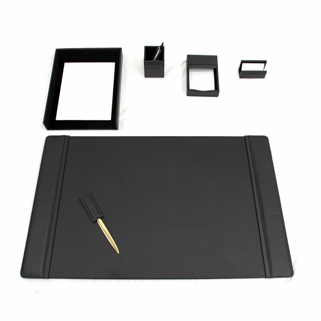 Leather Desk Set (6 Piece – Black / Gold) – OfficeAccessoriesPlus